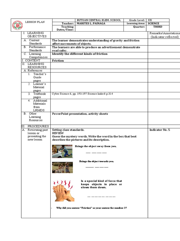 Science 6 Cot | PDF | Friction | Learning