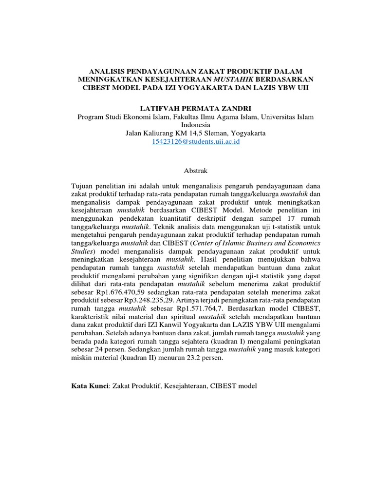 Analisis Pendayagunaan Zakat Produktif Dalam Meningkatkan Kesejahteraan Mustahik Berdasarkan ...