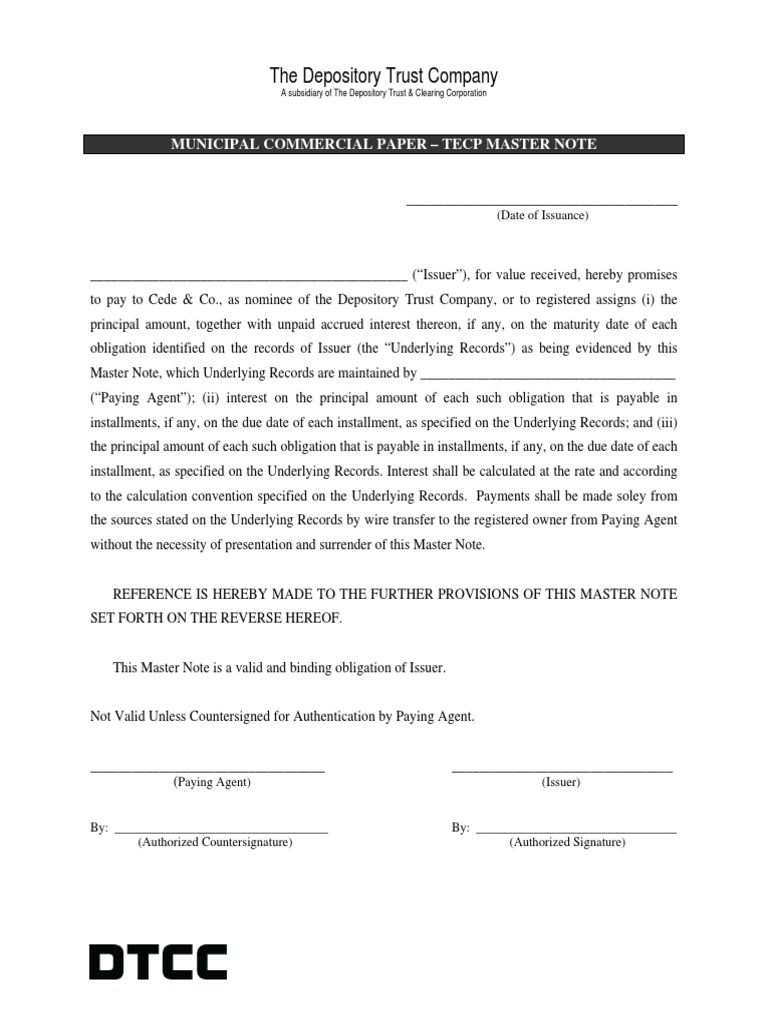 Municipal Commercial Paper Master Note Form | Download Free PDF ...
