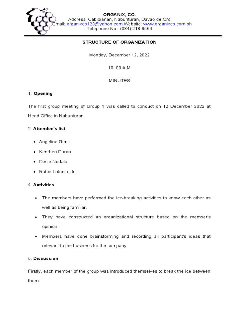 Organix Co. Team Meeting Summary | PDF | Communication | Business