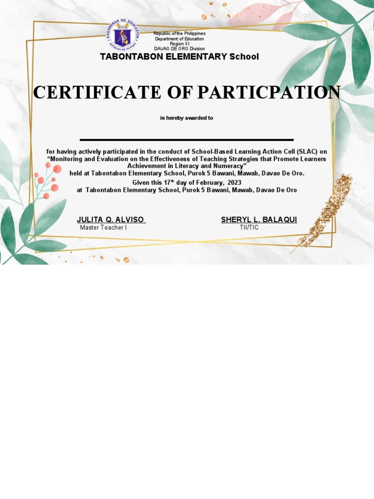 SLAC Participation Certificate Template | PDF