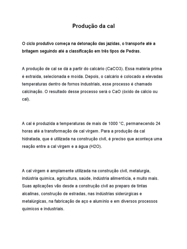 Produção Da Cal | PDF | Cálcio | Setor secundário da economia
