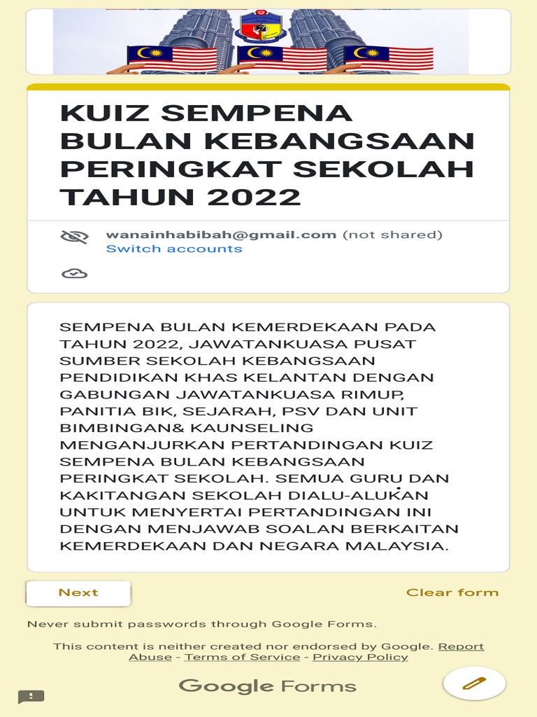 Kuiz Sempena Bulan Kebangsaan Peringkat Sekolah TAHUN 2022: Forms | PDF