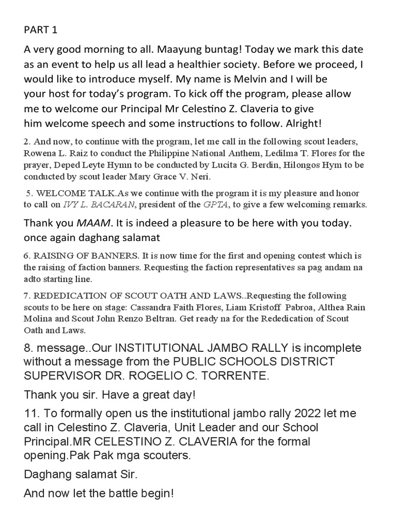 Jamboree Program Emcee Script | PDF