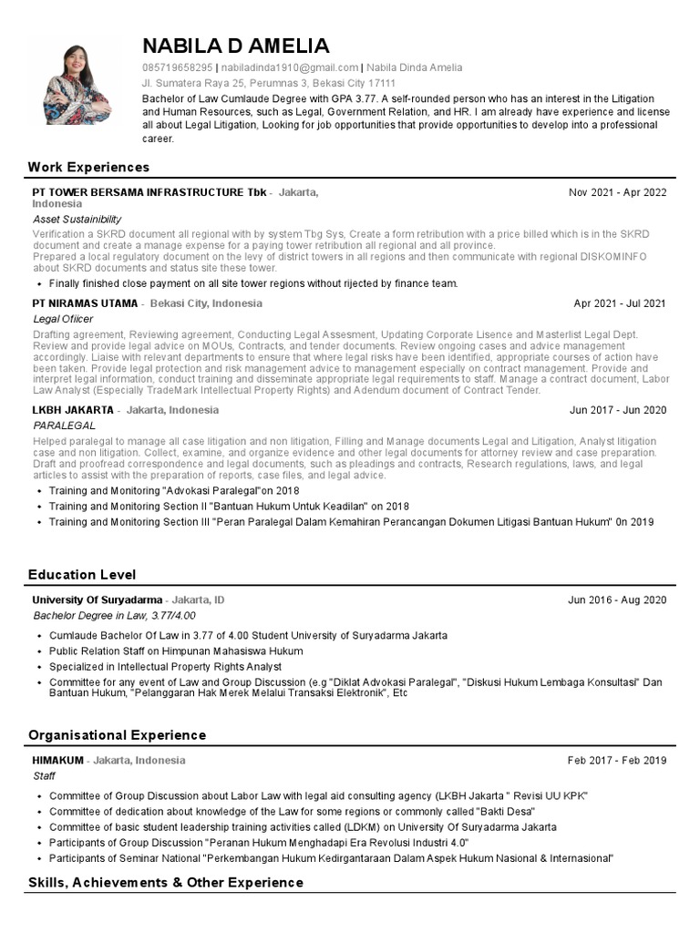 Nabila Dinda Amelia - CV | PDF | Paralegal | Business