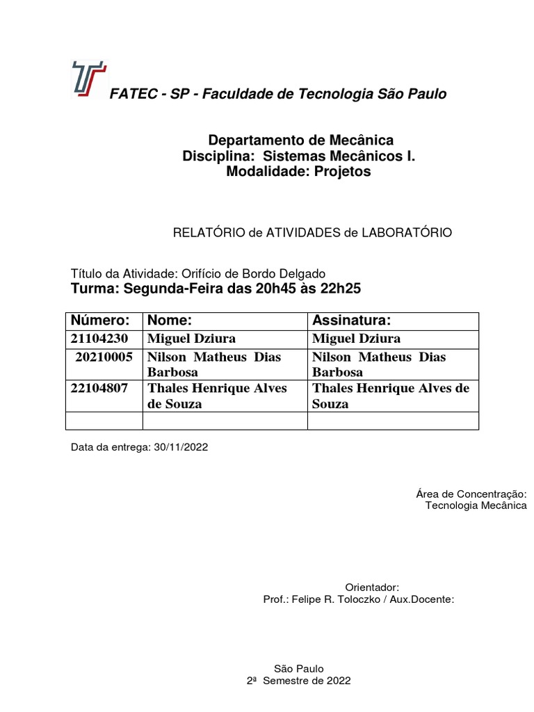 FATEC - SP - Faculdade de Tecnologia São Paulo: Relatório de Atividades de Laboratório | PDF