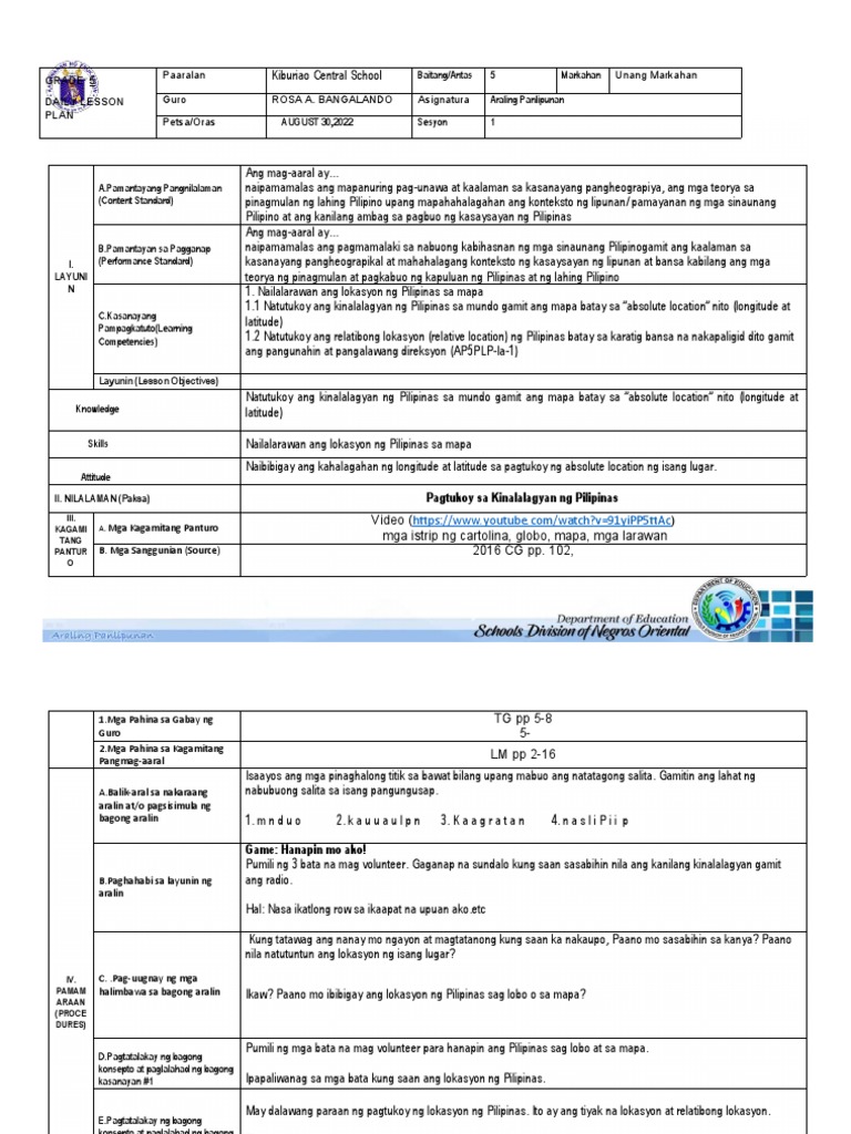 Grade 5 Daily Lesson Plan August 30,2022 Sesyon | PDF