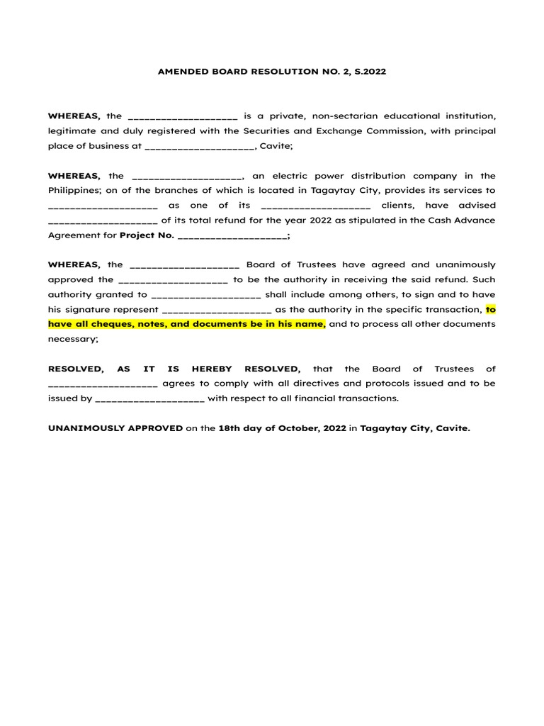 Amended Board Resolution 2022 Approval | PDF