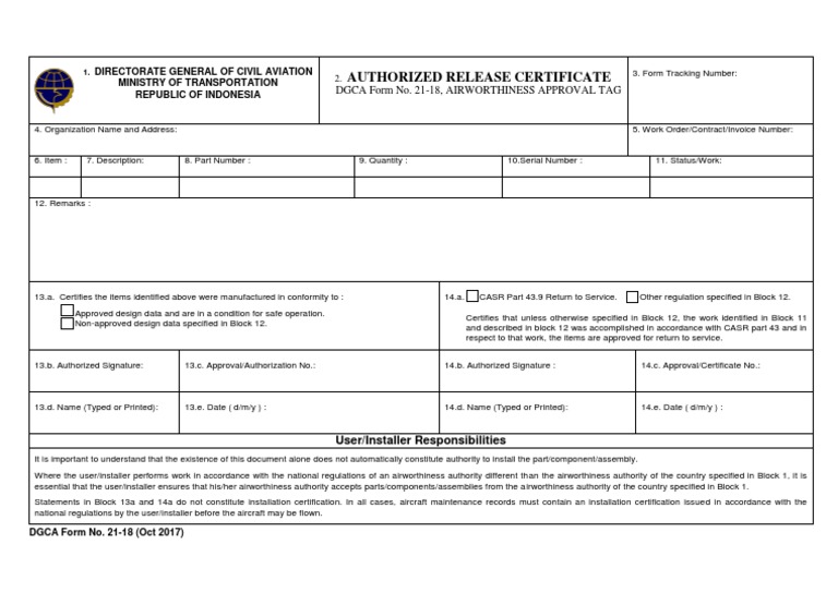 DGCA Authorized Release Certificate Form | PDF | Aviation