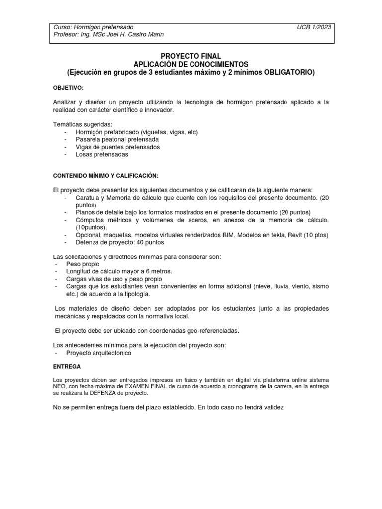 Proyecto Final 1 2023 | PDF | Hormigón | Hormigón pretensado