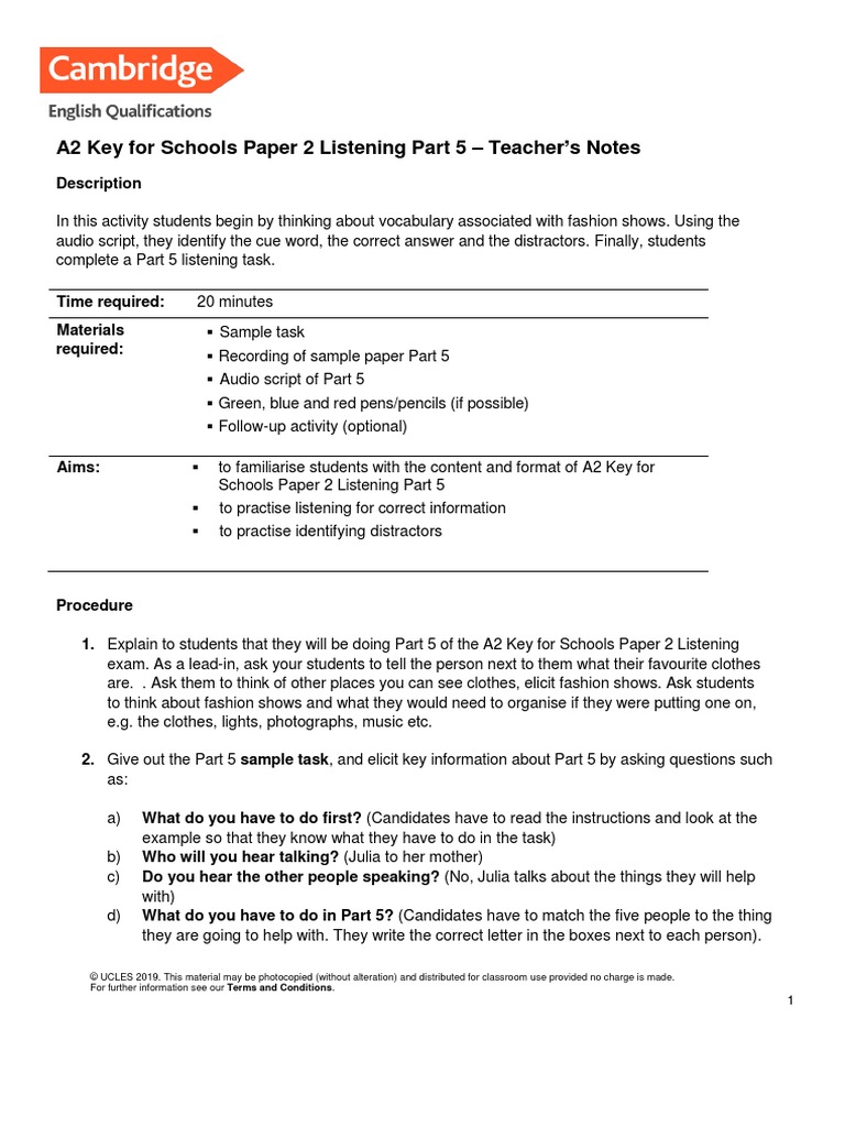 A2 Key Paper 2 Listening Part 4 Teacher’S Notes – LVRTF