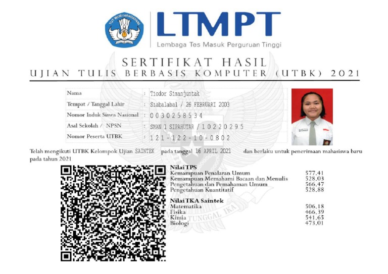 Sertifikat Utbk LTMPT 121122100802 | PDF | Computers
