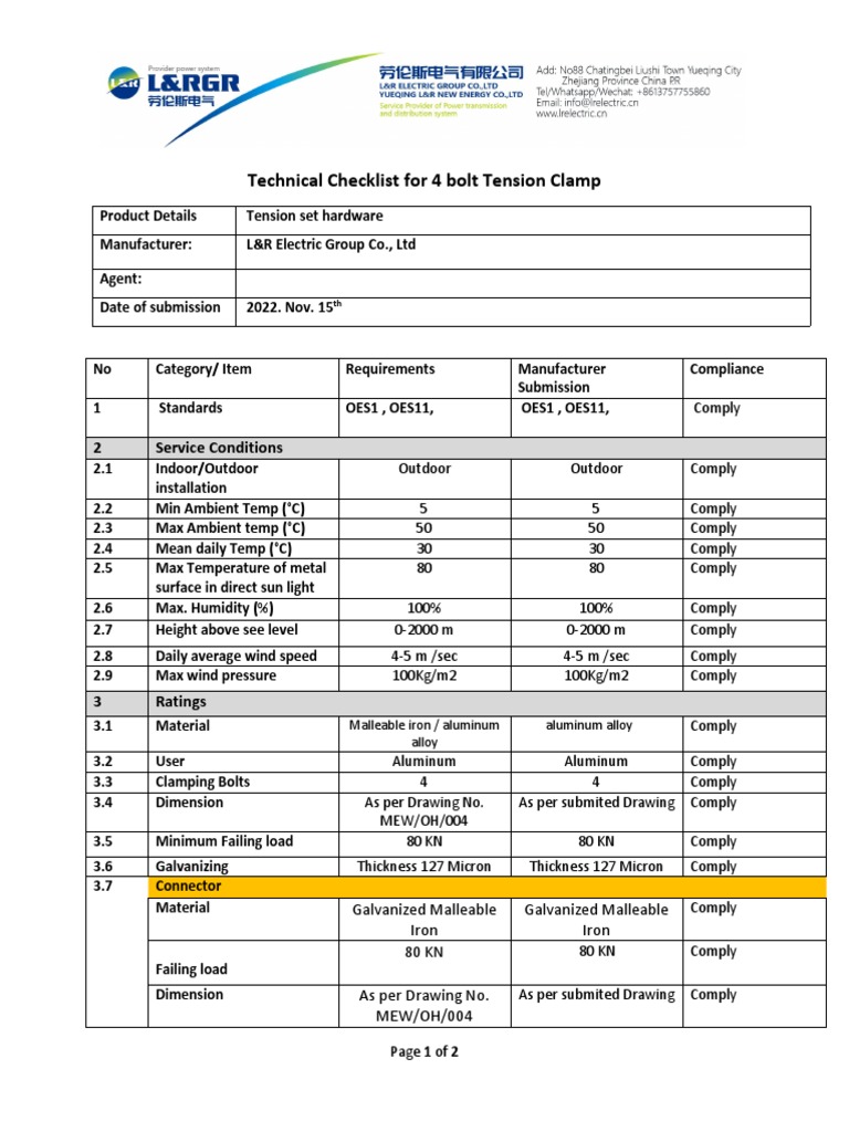 Technical Checklist For 4 Bolt Tention Clamp | PDF | Ductility | Aluminium
