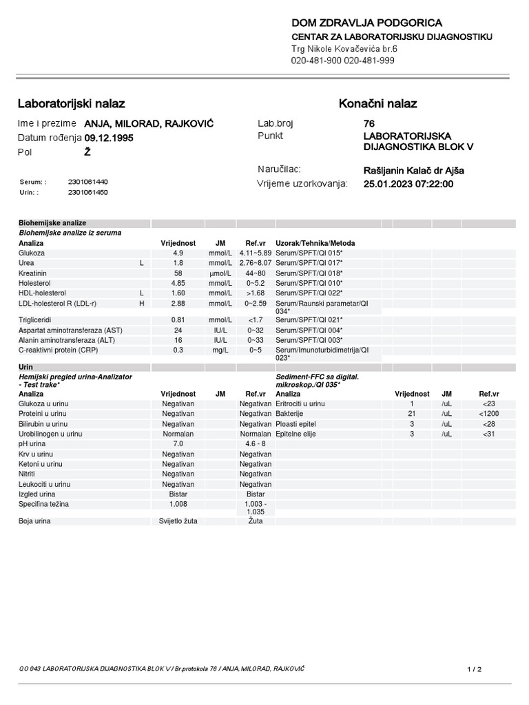 Konačni Nalaz Laboratorijski Nalaz | PDF