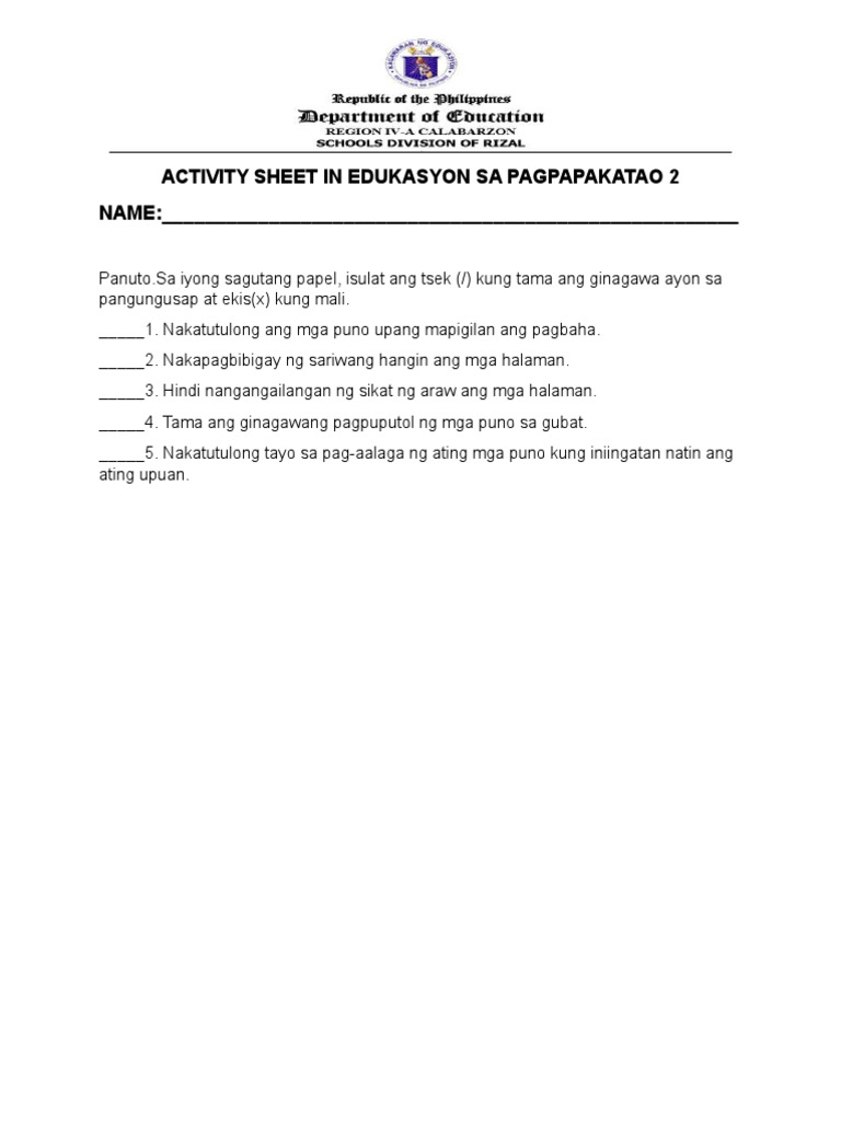 Activity Sheet in Edukasyon Sa Pagpapakatao 2 | PDF