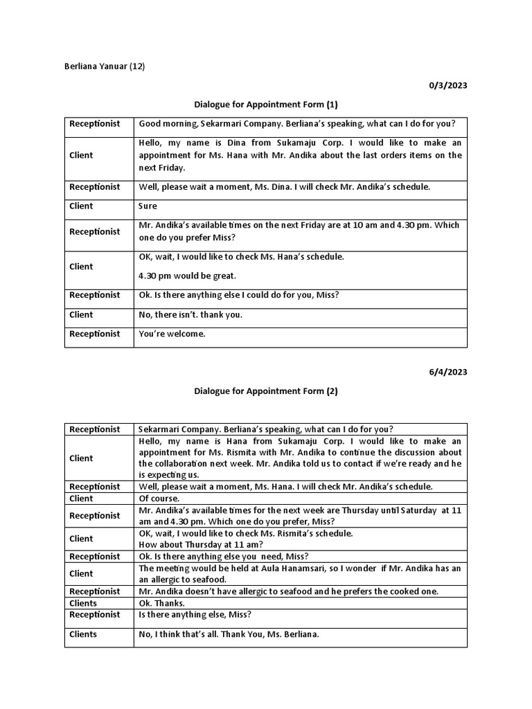 Berliana - Dialogue Appointment Form | PDF