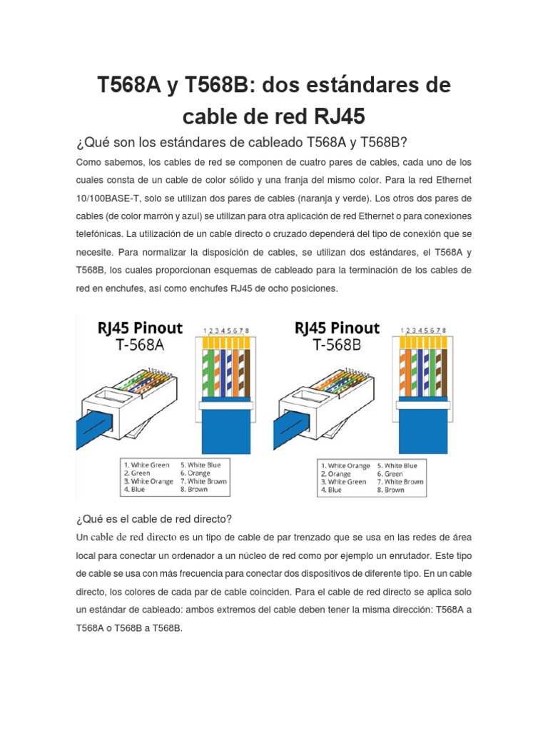 T568A y T568B: Dos Estándares de Cable de Red RJ45 | PDF | Equipo de ...