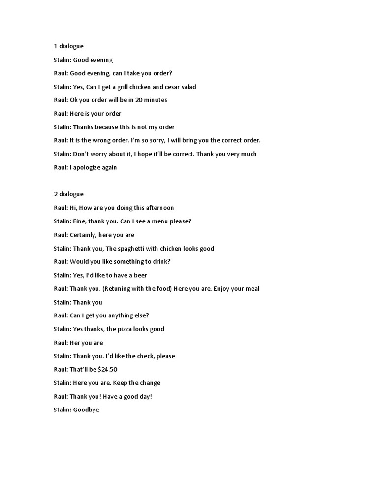 1 Dialogue | PDF | Cooking, Food & Wine