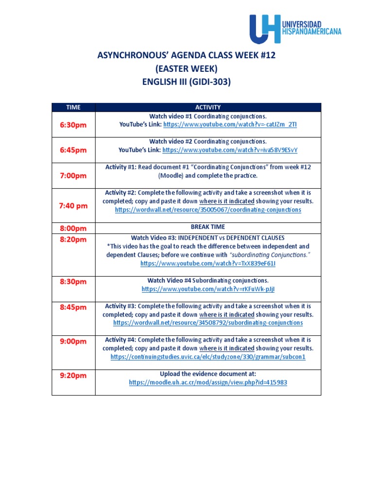 Asynchronous' Agenda Class Week #12 (Easter Week) English Iii (Gidi-303) | PDF