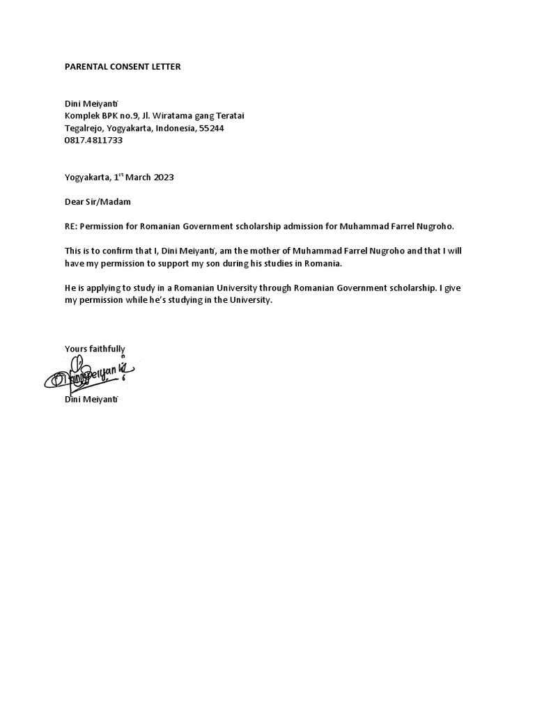 Parental Consent Letter | PDF