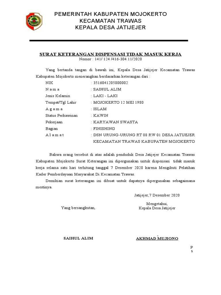 Surat Keterangan Dispensasi Tidak Masuk Kerja | PDF Surat Keterangan Dispensasi Tidak Masuk Kerja | PDF
