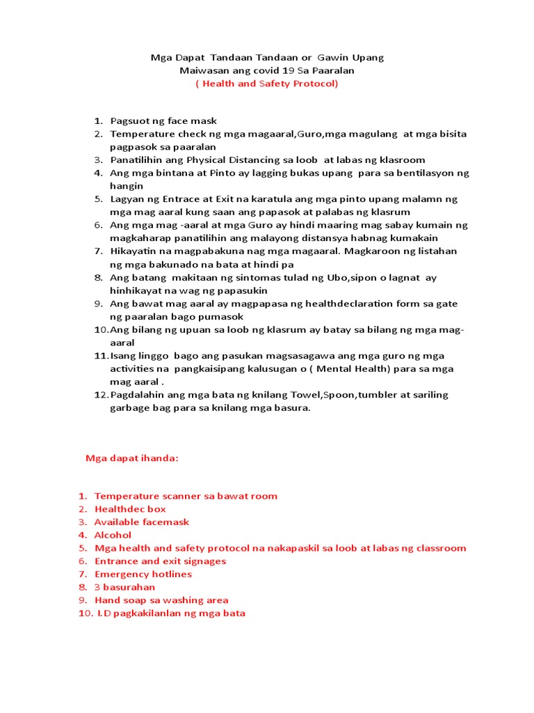 Health and Safety (Mga Apat Tandaan Sa Darating Na Pasukan | PDF Health and Safety (Mga Apat Tandaan Sa Darating Na Pasukan | PDF
