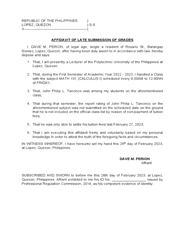 Affidavit of Late Grades - PERION | PDF