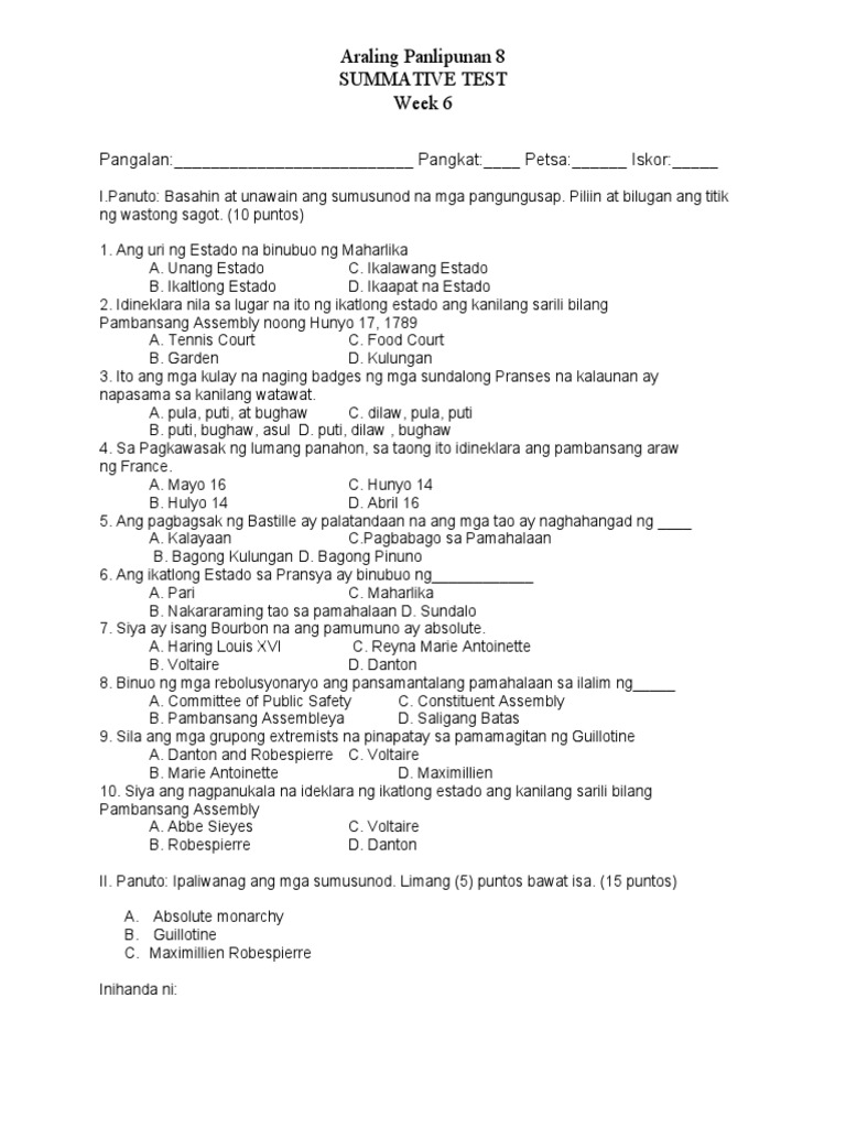 AP8-Q3-SummativeTest-Week 6 | PDF