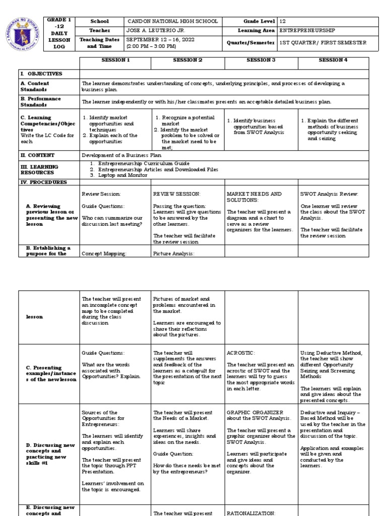 Dll-4th-Week - Entrepreneurship | PDF | Learning | Cognitive Science