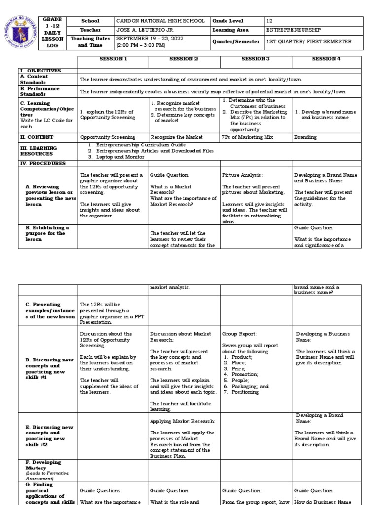 DLL 5TH Week Entrepreneurship | PDF | Learning | Communication