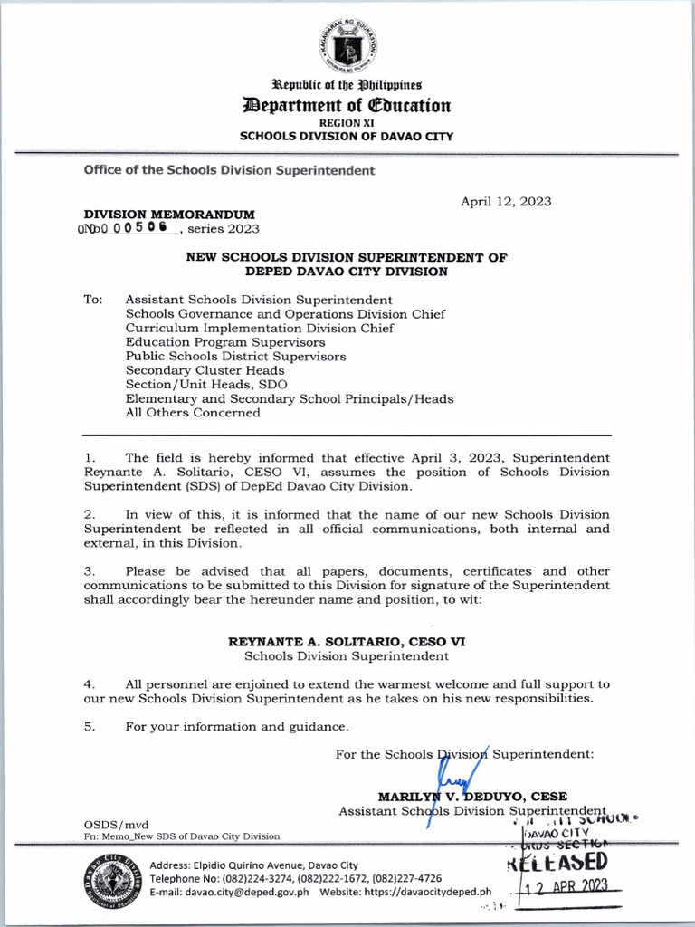 2023-DM No. 506 - NEW SCHOOLS DIVISION SUPERINTENDENT OF DEPED DAVAO ...