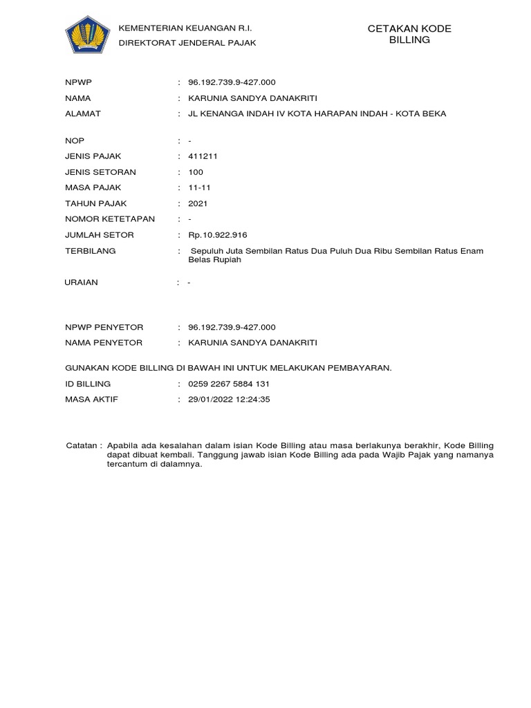 Kode Billing KSD PPN 11-2021 | PDF