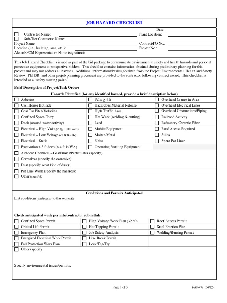 Job Hazard Checklist | PDF | High Voltage | Safety