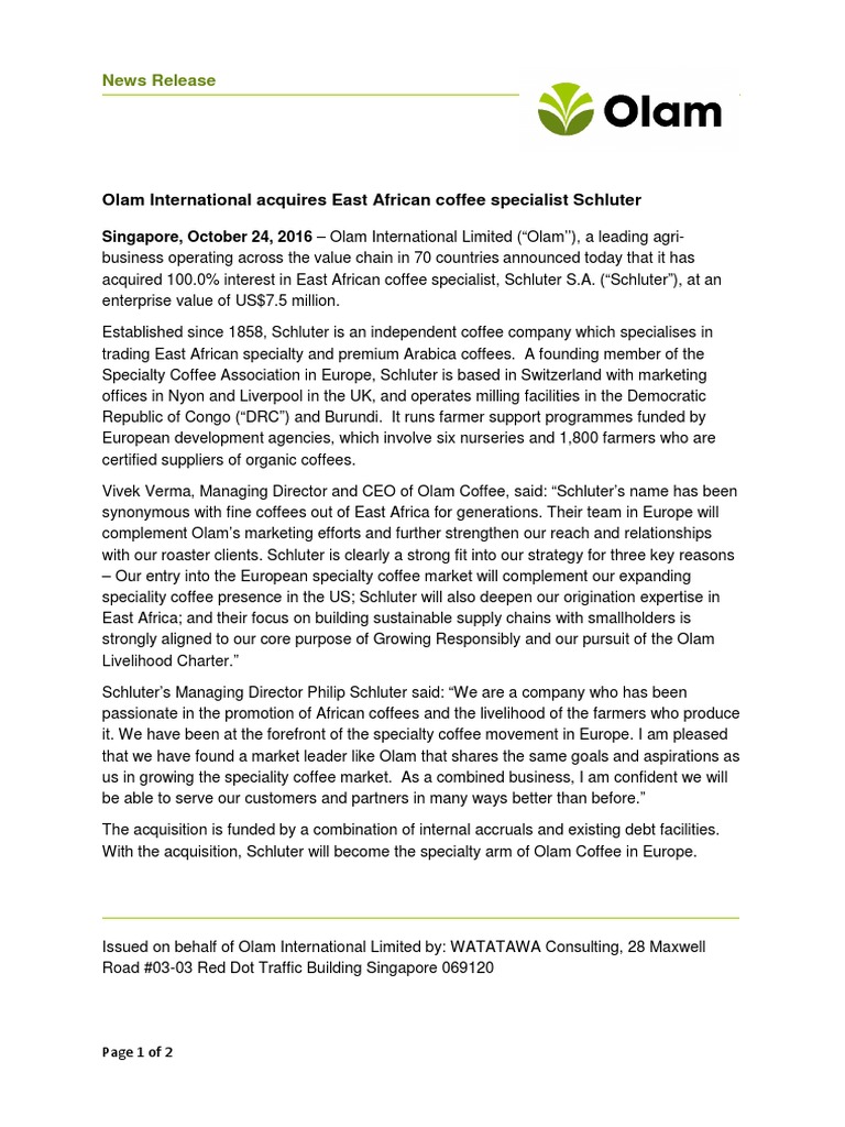 Olam International Acquires East African Coffee Specialist Schluter to ...