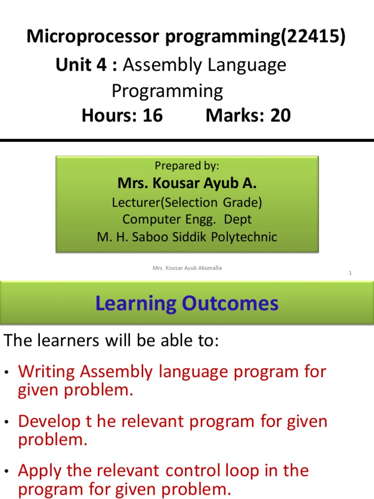 Microprocessor Programming (22415) Unit 4: Assembly Language Hours: 16 Marks: 20 | PDF ...