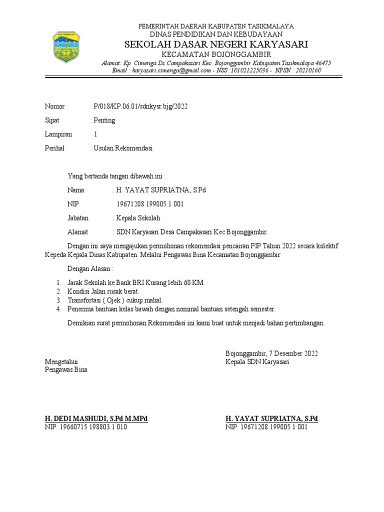 Surat Rekomendasi Dinas | PDF