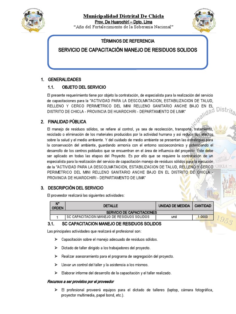 TDR Servicio de Capacitación Manejo de Residuos Solidos | PDF | Residuos | Especialidades Medicas