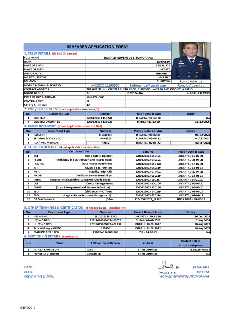 Seafarer Application Form for Ronald Adventus | PDF | Ships | Water ...