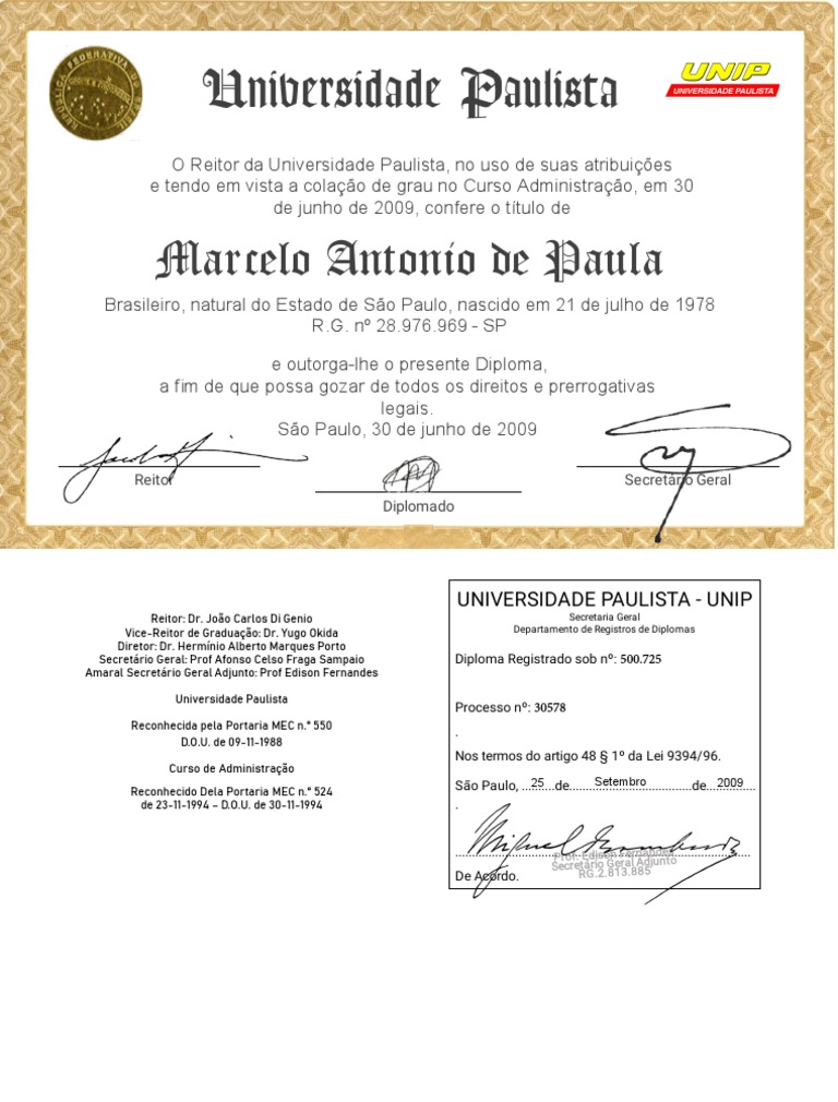 Diploma Unip - Marcelo | PDF | Estágios educacionais | Brasil