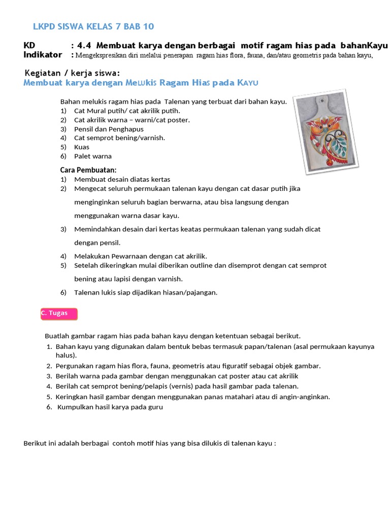 LKPD SISWA KELAS 7 BAB 10 Membuat Lukisan Ragam Hias Pada Bahan Kayu | PDF