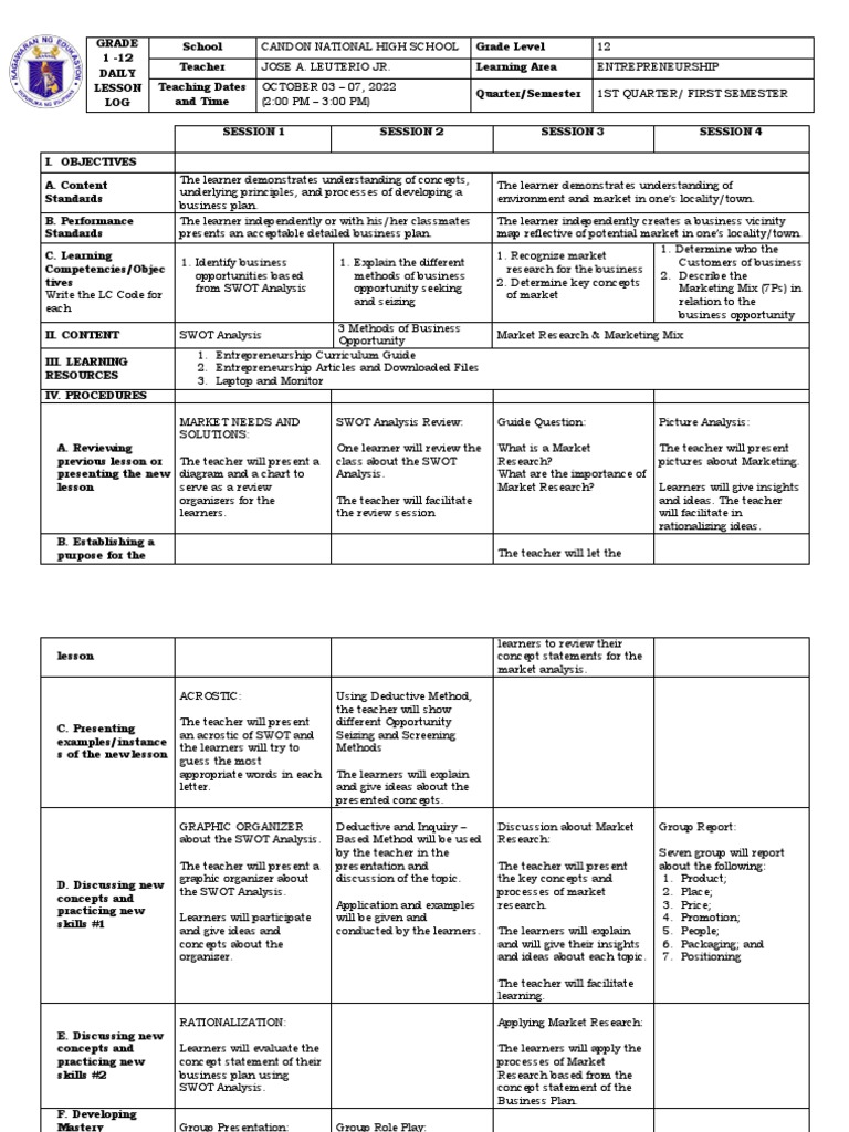 Dll-7th-Week - Entrepreneurship | PDF | Learning | Swot Analysis