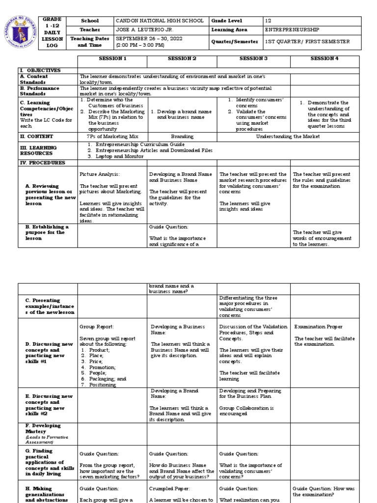 Dll-6th-Week - Entrepreneurship | PDF | Learning | Teachers
