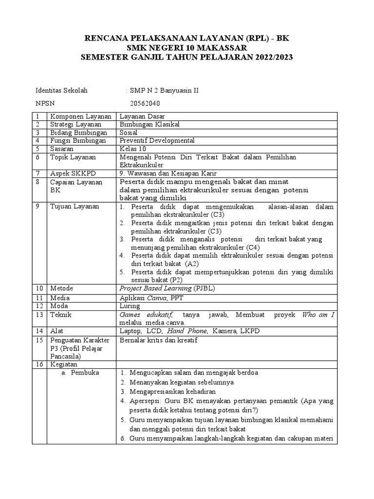 Rencana Pelaksanaan Layanan (RPL) - BK SMK Negeri 10 Makassar Semester ...