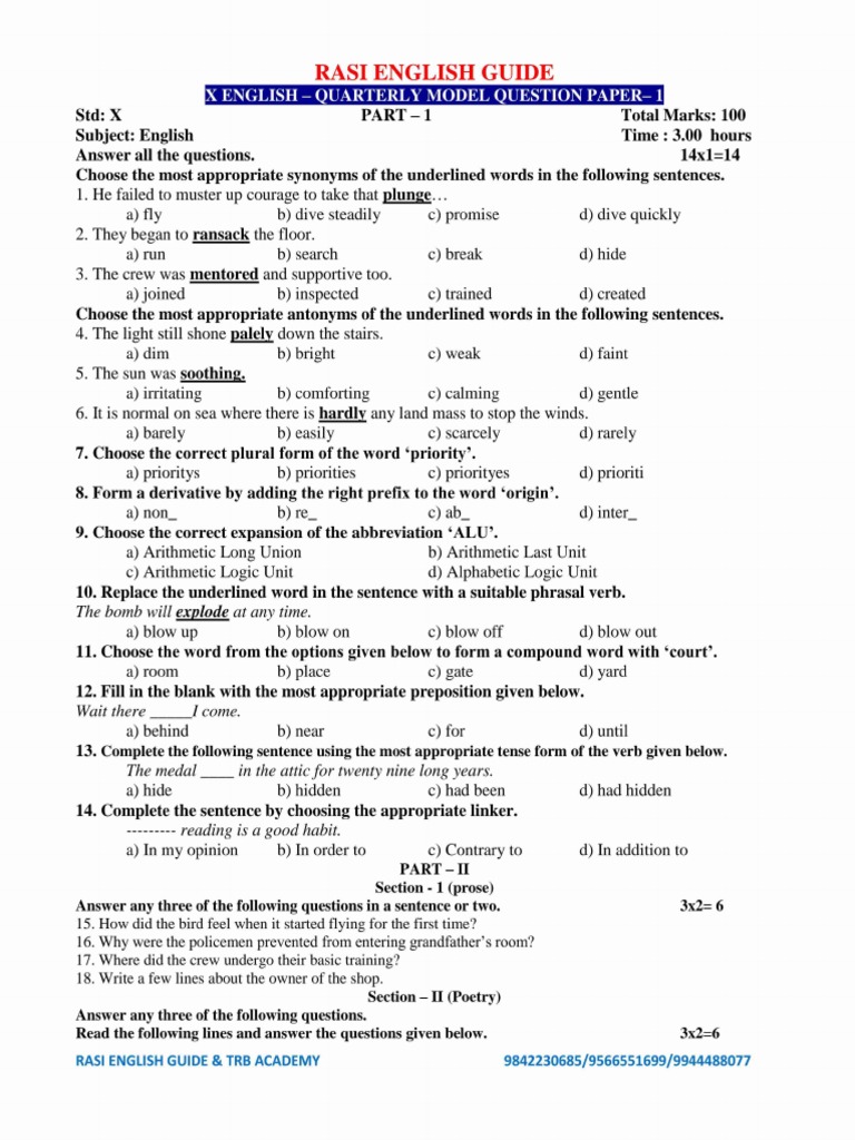 10th English Quarterly Model Question Paper 2022 by Rasi Publication (1 ...