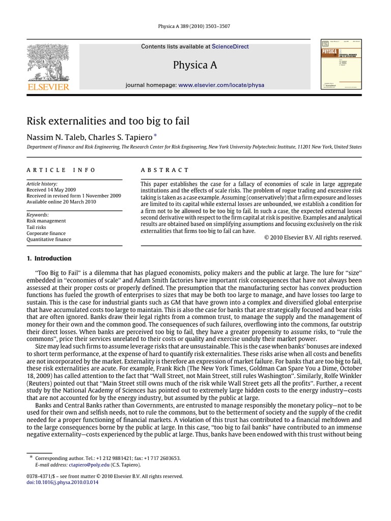Physica A: Nassim N. Taleb, Charles S. Tapiero | PDF | Risk | Too Big ...