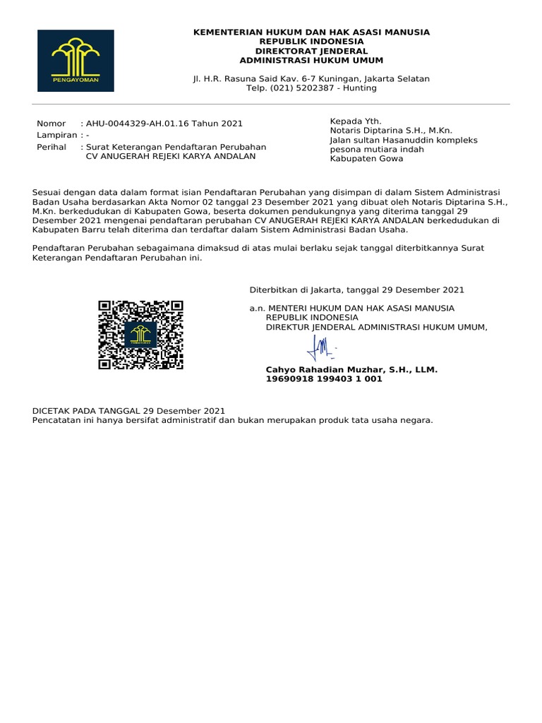 Surat Keterangan Penerimaan Perubahan AHU-0044329-AH.01.16 Tahun 2021 | PDF