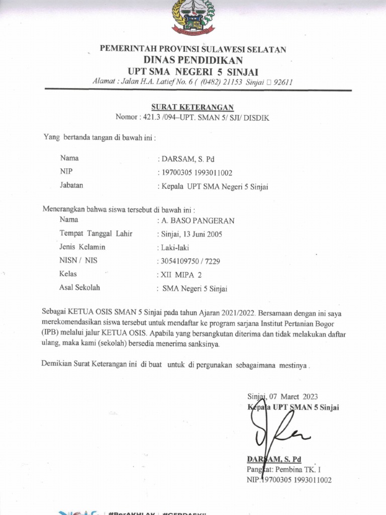 Surat Keterangan Ketua Osis | PDF