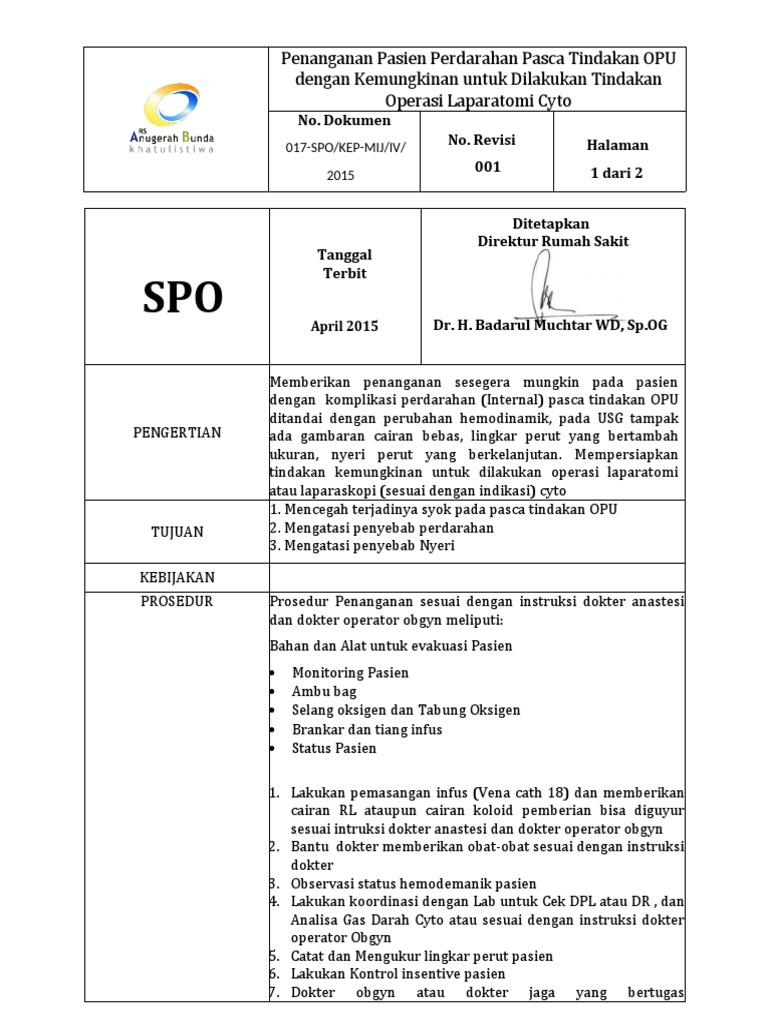 017 SPO Penanganan Pasien Perdarahan Pasca Tindakan OPU Dengan Kemungkinan Untuk Dilakukan ...