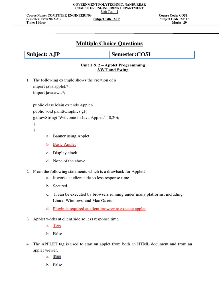 Applet Programming Unit Test | PDF | Software | Computing