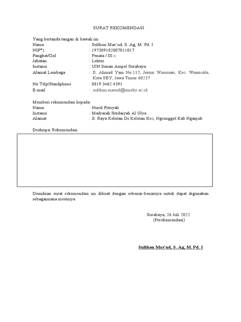 SURAT REKOMENDASI LPDP 2022 | PDF